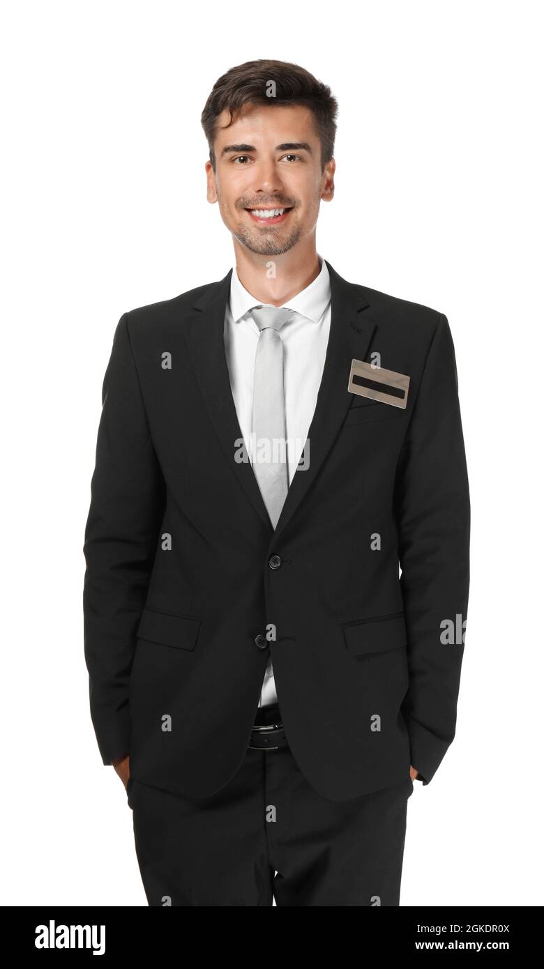 Male receptionist on white background Stock Photo - Alamy