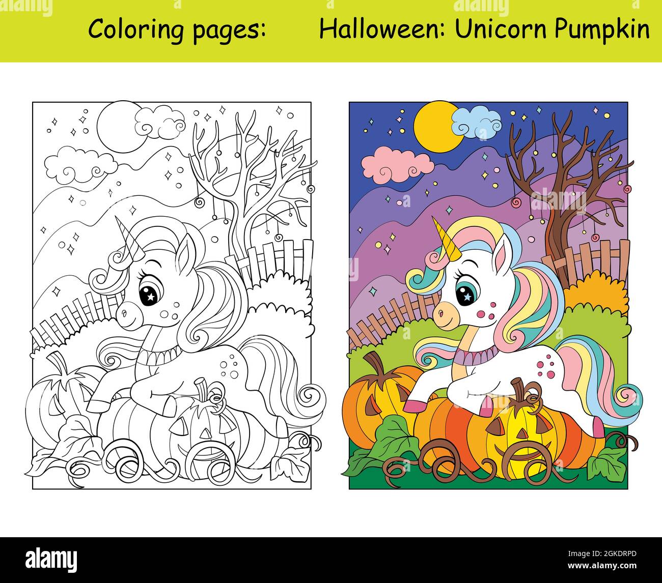 Cute unicorn lies on pumpkins. Halloween concept. Coloring book page ...