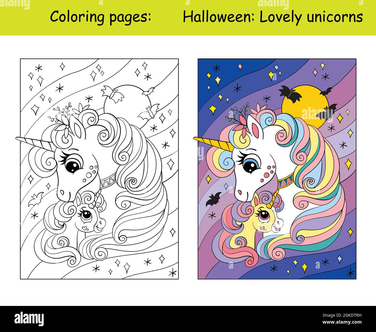 Cute mom and kid unicorns. Halloween concept. Coloring book page for ...