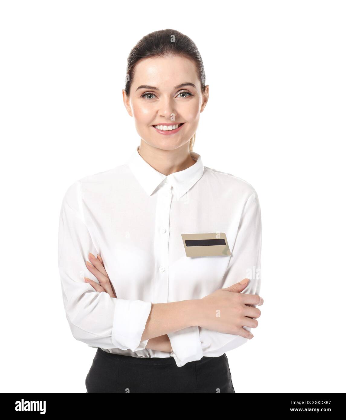 Female receptionist on white background Stock Photo - Alamy