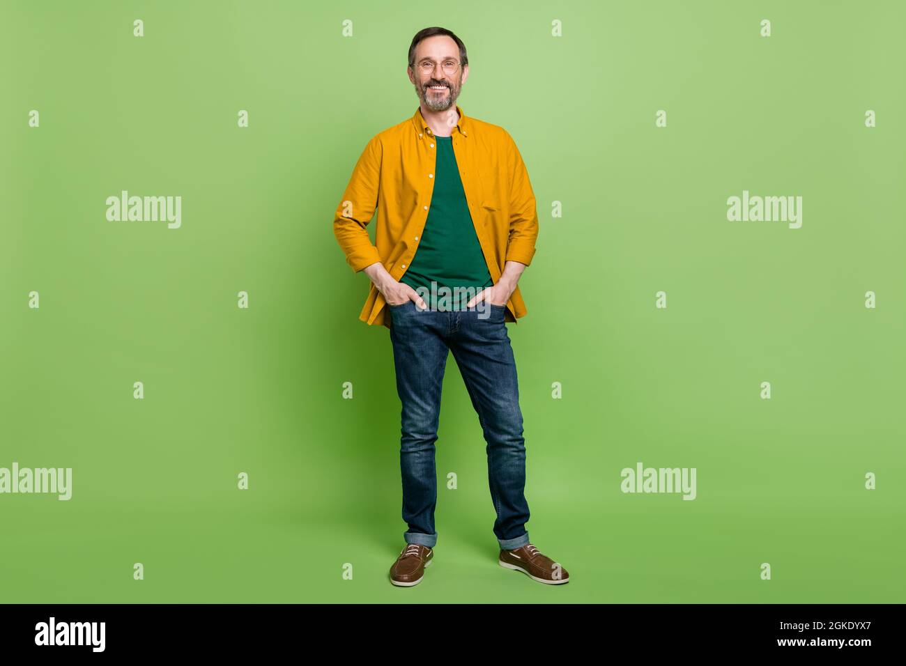 Full length photo of mature business man happy positive smile hands in ...