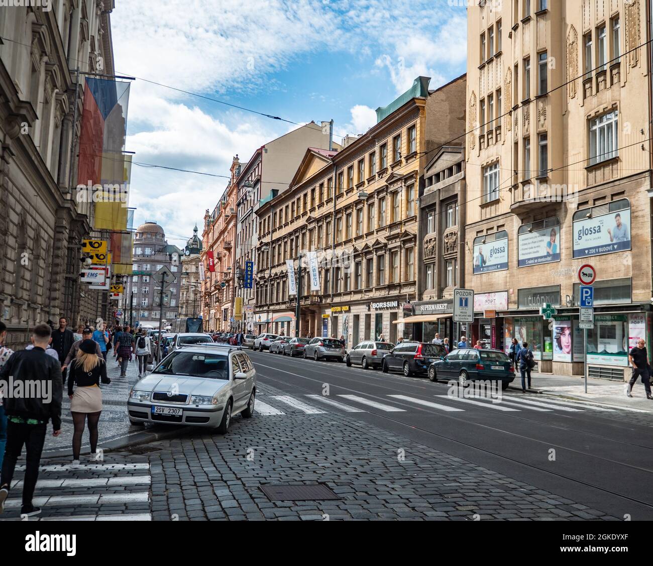 Prague, Czech Republic. A typical central Prague street view bustling ...