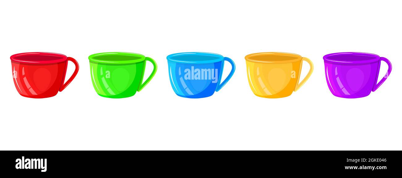 Different color cups set isolated on white background. Ceramic or ...