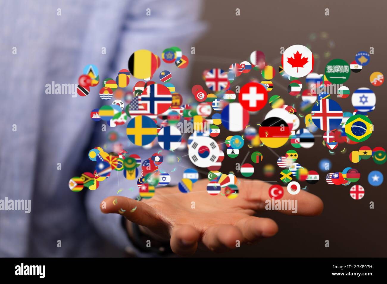 3d rendering of international flags connected in a scheme over a human ...