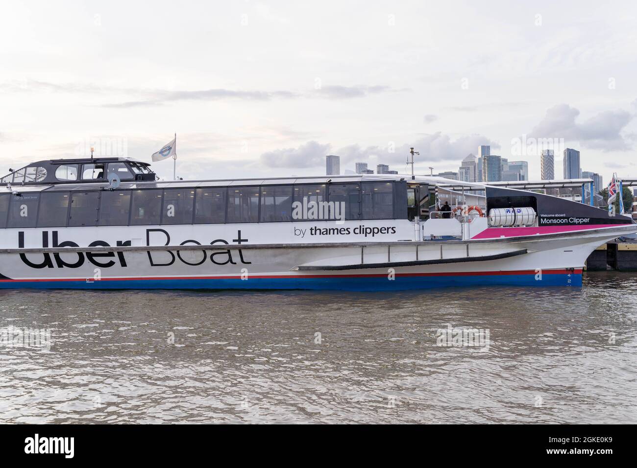 Uber Passenger Boat ready to depart from London Greenwich Pier, over ...