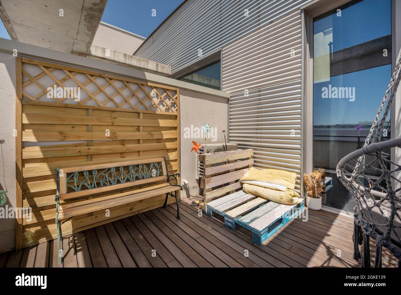 photo studio terrace corner with large windows and industrial facade Stock Photo - Alamy