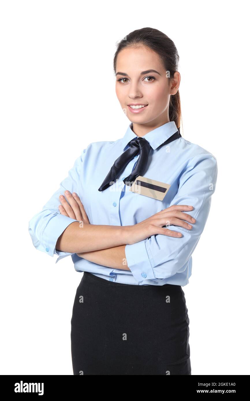 Female hotel receptionist in uniform on white background Stock Photo ...