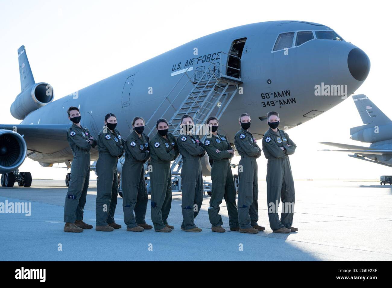 An all-female KC-10 Extender air crew pose for a group photo before the ...