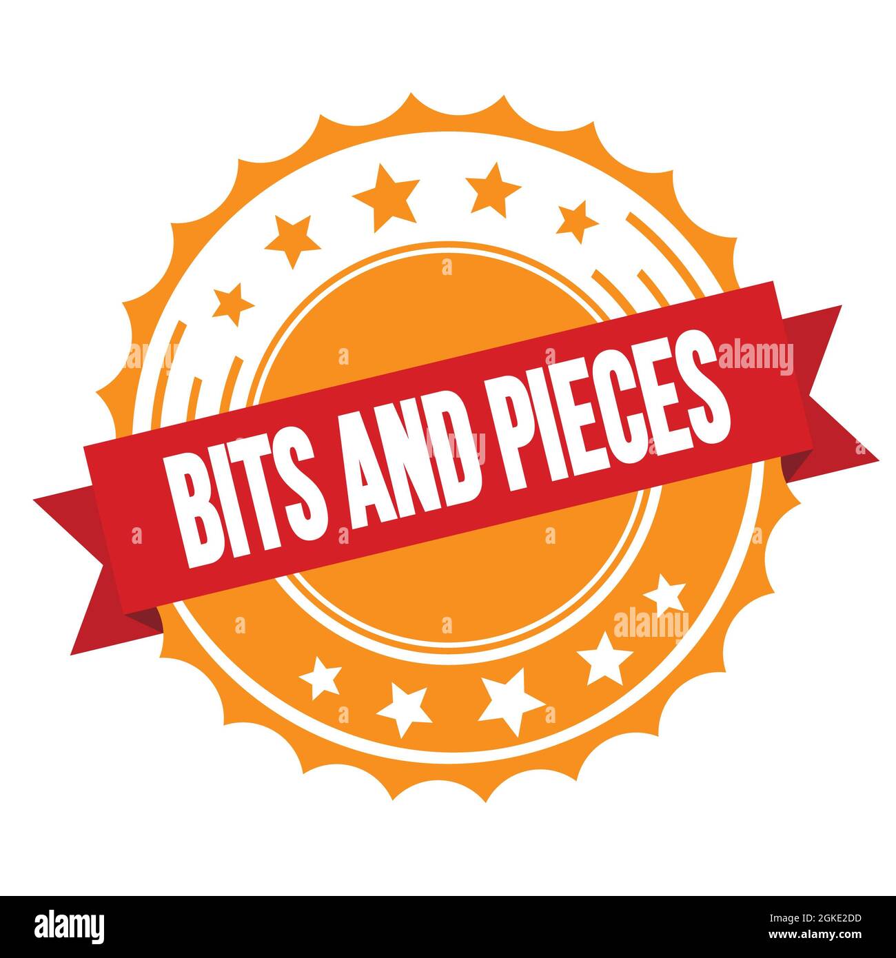 BITS AND PIECES text on red orange ribbon badge stamp Stock Photo - Alamy