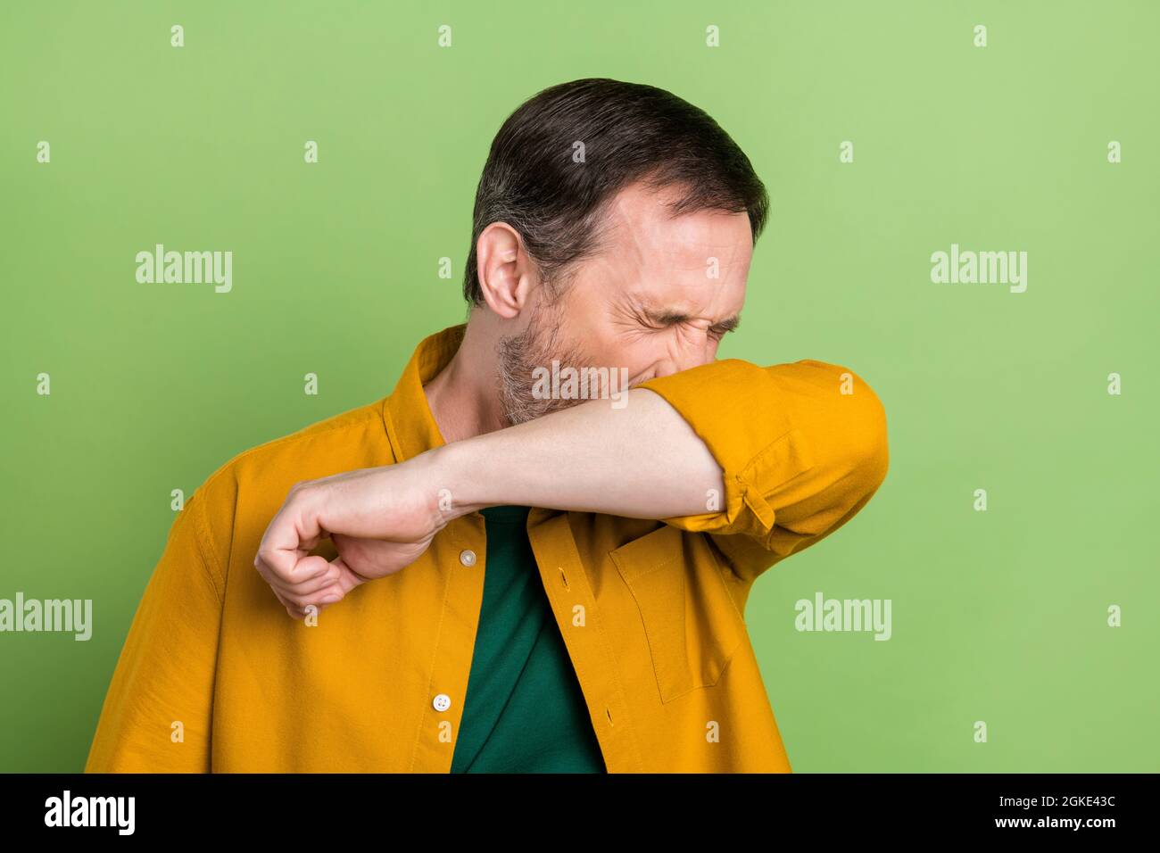 Photo of mature man unwell unhealthy sick flu virus sneeze symptom ...
