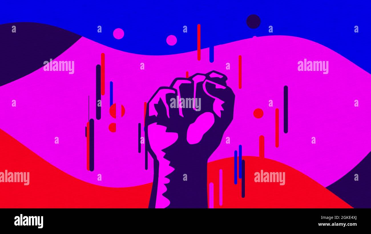 Abstract cartoon animation with a rising fist, concept of success and ...