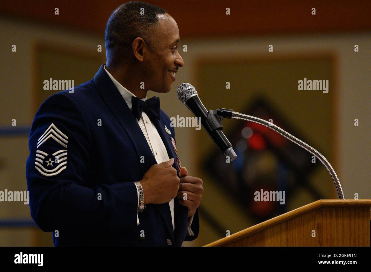 Retired Chief Master Sergeant Al Blake speaks at a chief induction ...