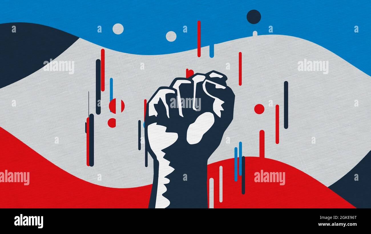 Abstract cartoon animation with a rising fist, concept of success and ...