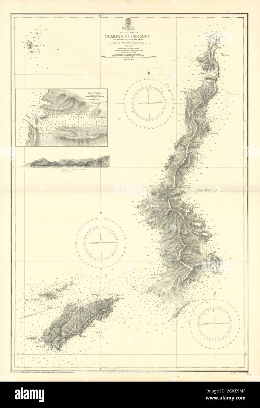 Karpathos Kasos. Tristoma Dodecanese Greece. ADMIRALTY sea chart 1861 ...