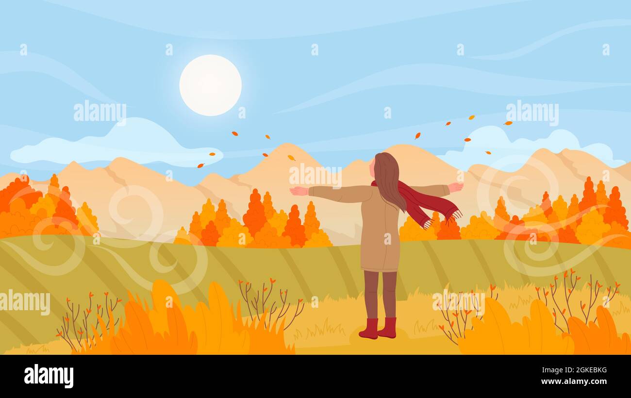 People enjoy nature, sunset in autumn mountain countryside landscape ...