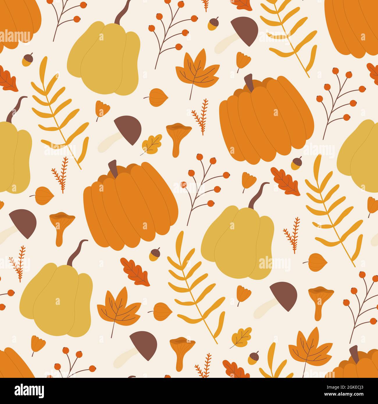 Autumn leaf pumpkin mushroom berry in seamless pattern vector ...