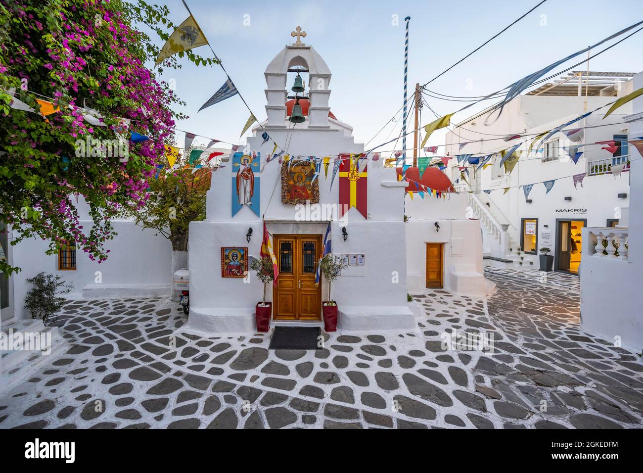 Cycladic Greek Orthodox Church decorated with flags, Old Town Chora ...