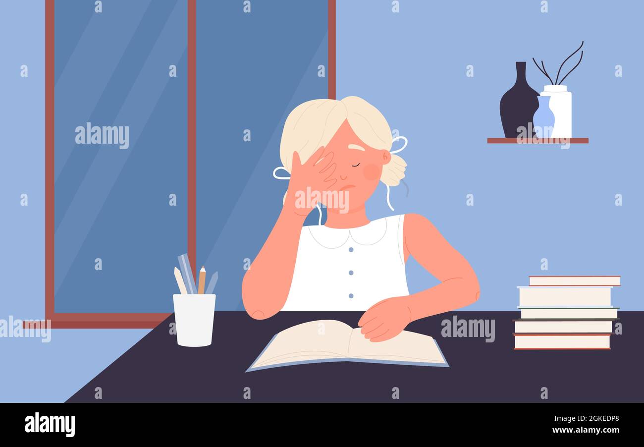 Tired child student doing homework late vector illustration. Cartoon ...