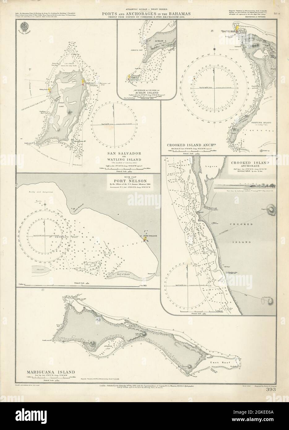 Bahamas. San Salvador Crooked Rum Cay Mariguana ADMIRALTY chart 1892 ...