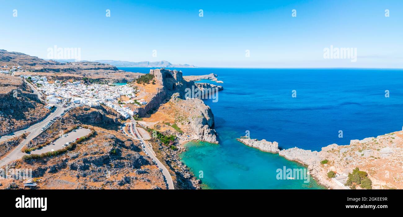 Aerial view of the Acropolis of Lindos, ancient citadel on a steep ...