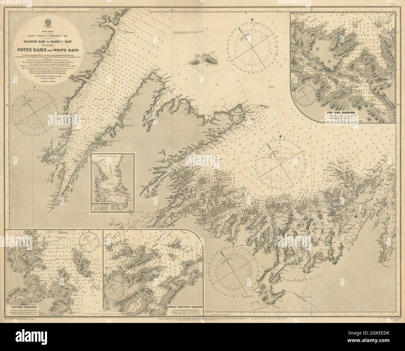 Newfoundland coast. Orange Bay-Gander Bay. ADMIRALTY sea chart 1883 ...