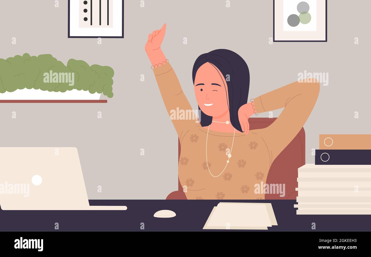 Office worker girl taking break from work to stretch vector ...