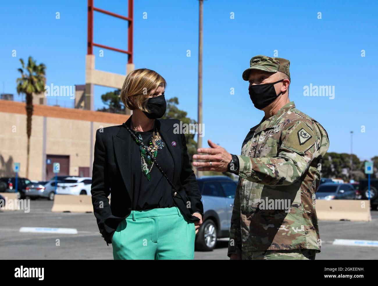 Rep. Susie Lee (D-NV) speaks with Land Component Commander Col. Troy Armstrong while visiting ...