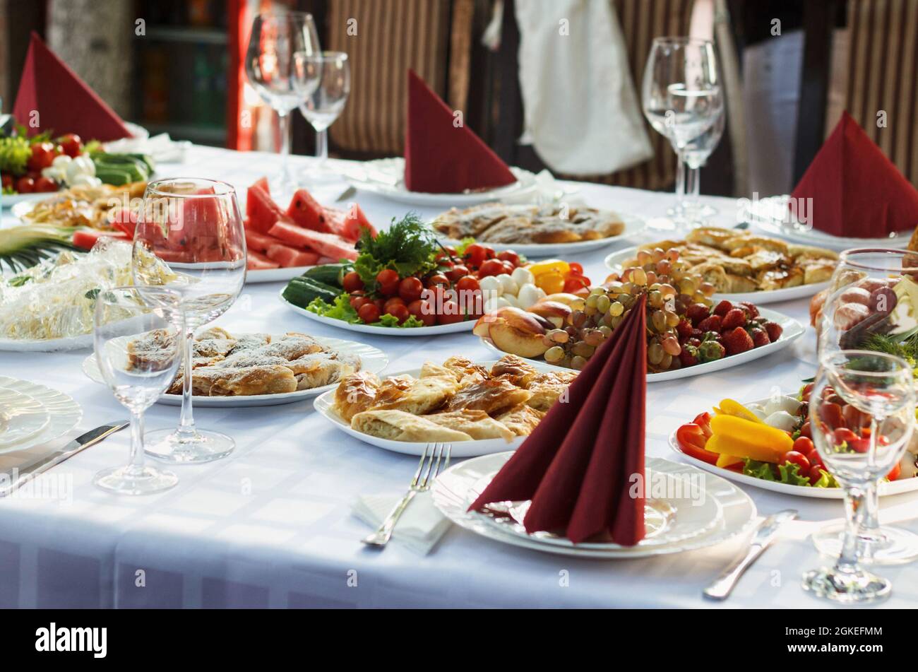 Festive banquet table with celebrate delicios food in restaurant Stock ...