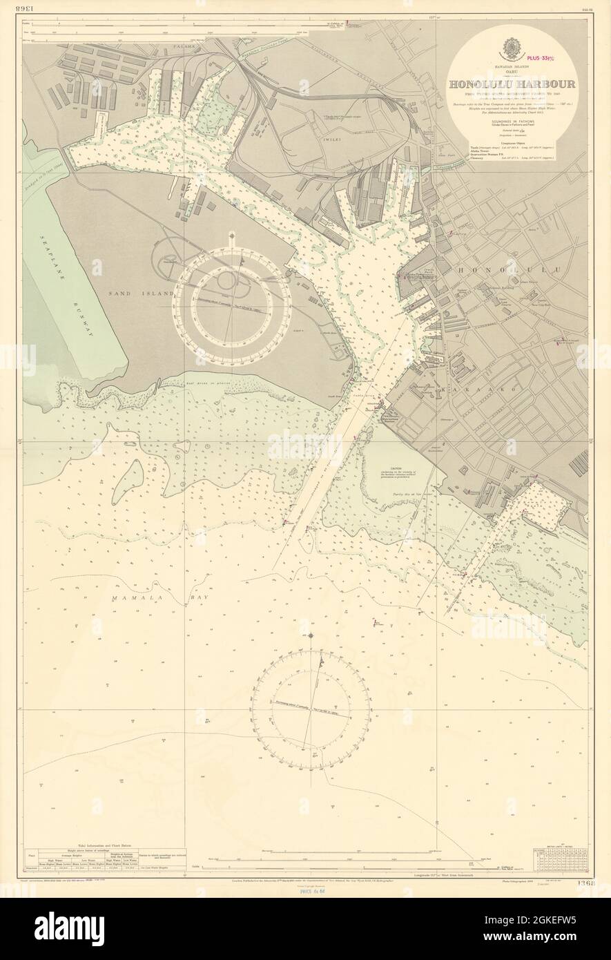 Honolulu Harbour, Oahu, Hawaiian Islands. ADMIRALTY sea chart 1950 ...