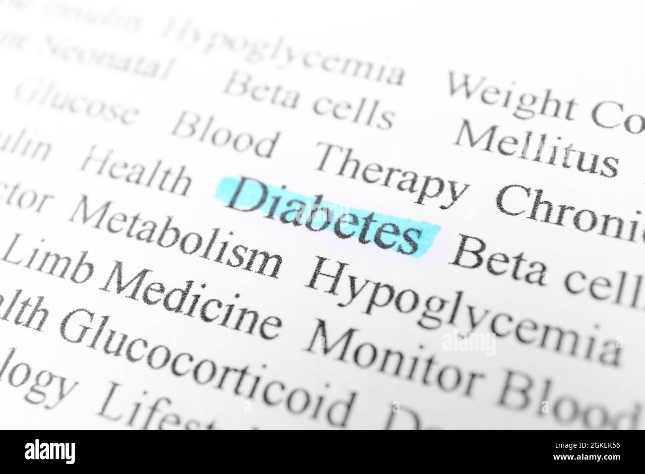 Word Diabetes highlighted on page with text Stock Photo - Alamy