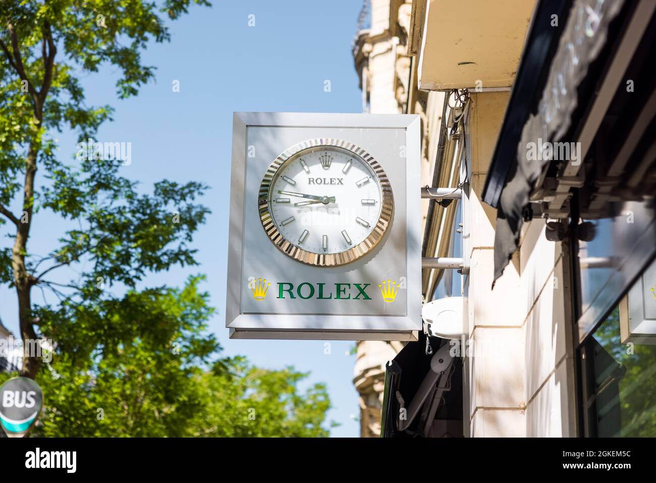PARIS, FRANCE - Aug 14, 2021: A closeup shot of a Rolex clock in front ...