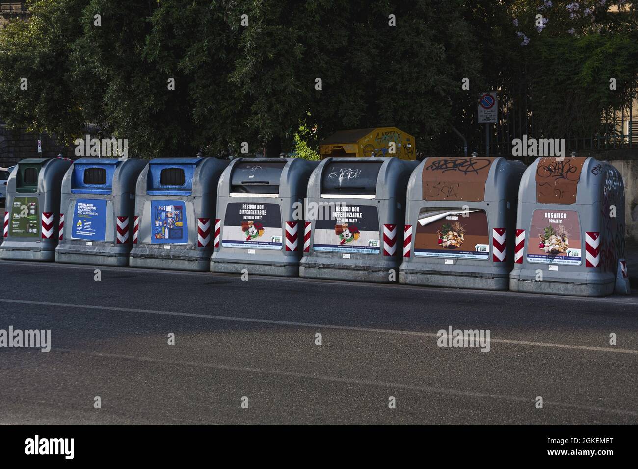 HIMEJI, JAPAN - May 11, 2016: A garbage collection with various bins ...
