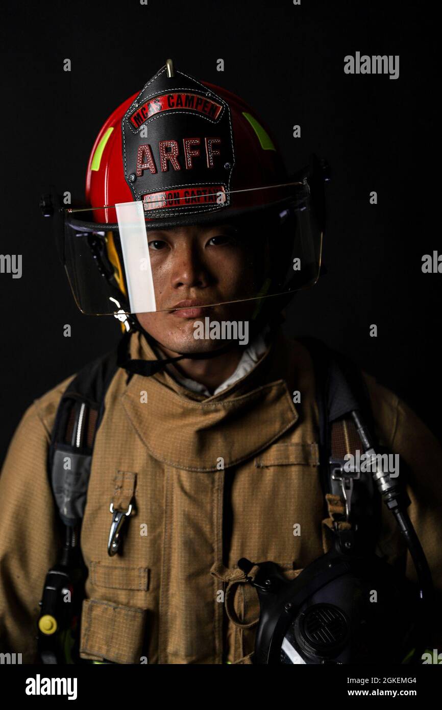 U.S. Marine Sgt. Qihang Lin, a station captain with Aircraft Rescue and ...