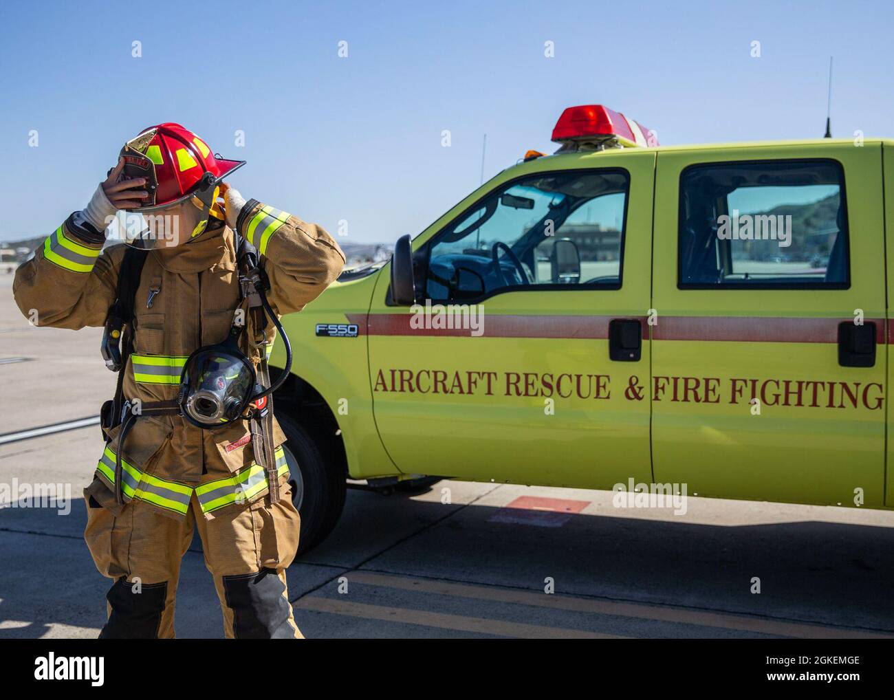 U.S. Marine Sgt. Qihang Lin, a station captain with Aircraft Rescue and ...