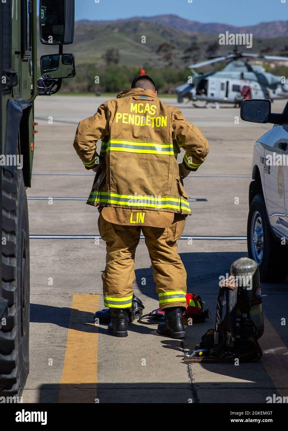 U.S. Marine Sgt. Qihang Lin, a station captain with Aircraft Rescue and ...