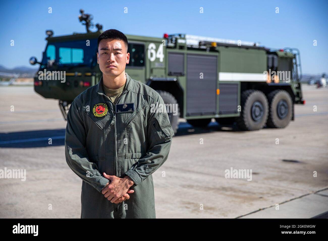 U.S. Marine Sgt. Qihang Lin, a station captain with Aircraft Rescue and ...