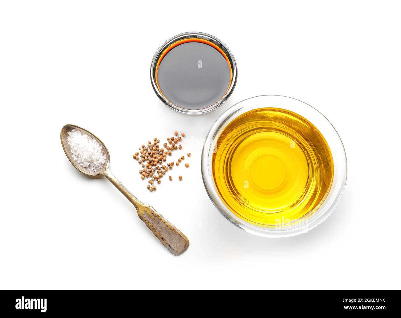 Composition with cooking oil on white background Stock Photo - Alamy