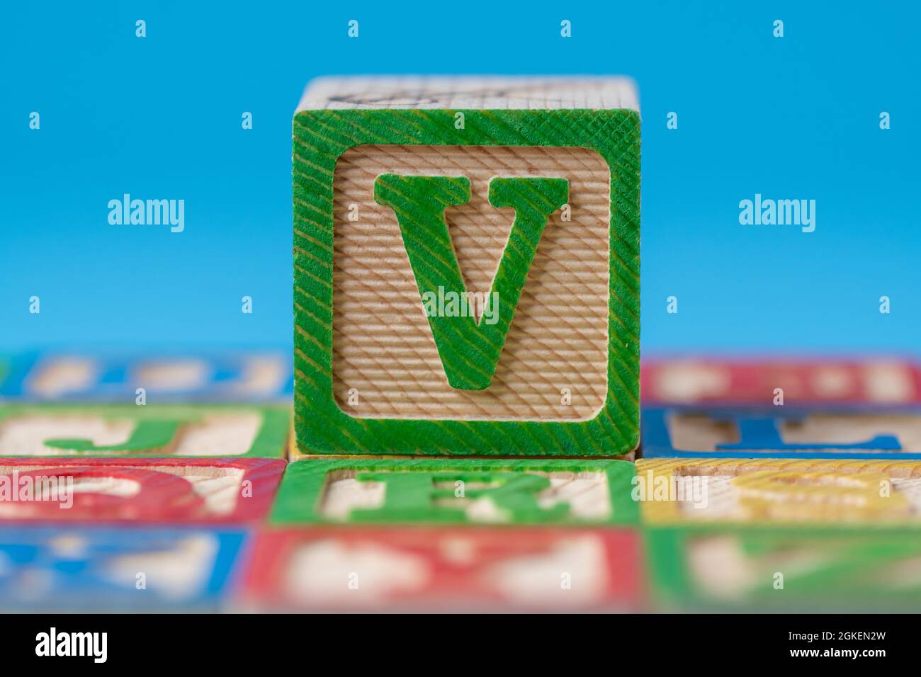 Closeup shot of a colorful, educational alphabet, ABC wooden blocks the ...