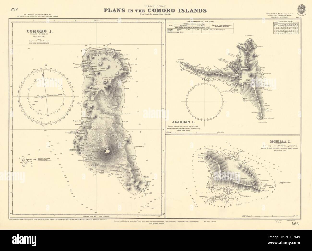 Comoros Grande Comore Anjoun Nzwani Mohéli ADMIRALTY chart 1895 (1951 ...