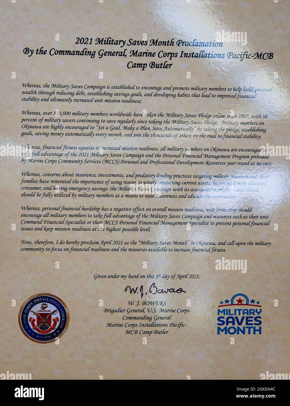 The Military Saves Campaign proclamation, signed by U.S. Marine Corps ...