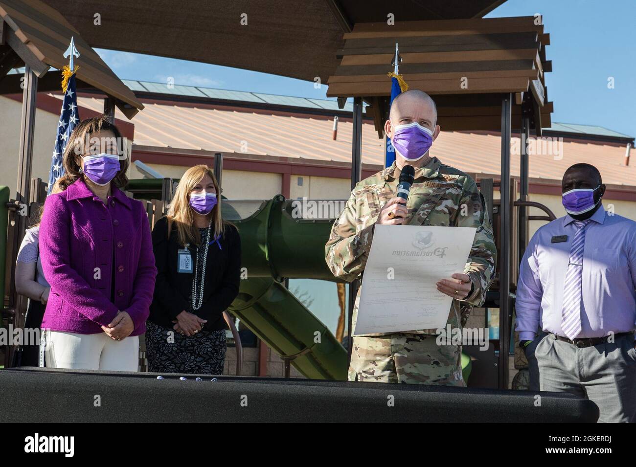 Brig. Gen. Matthew Higer, 412th Test Wing Commander, reads out loud the ...
