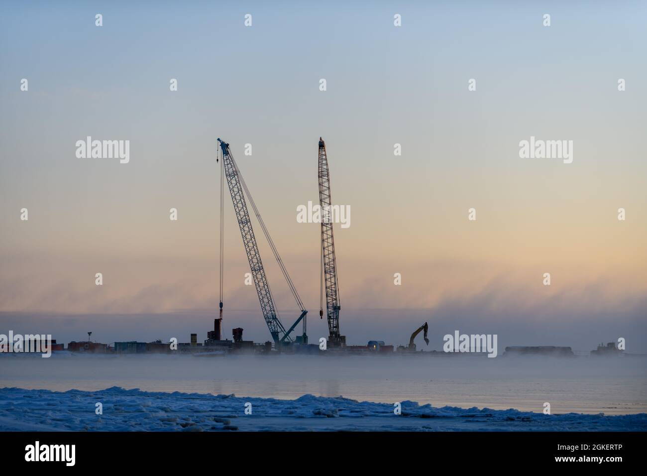 Construction Marine offshore works. Dam building, crane, barge, dredger ...