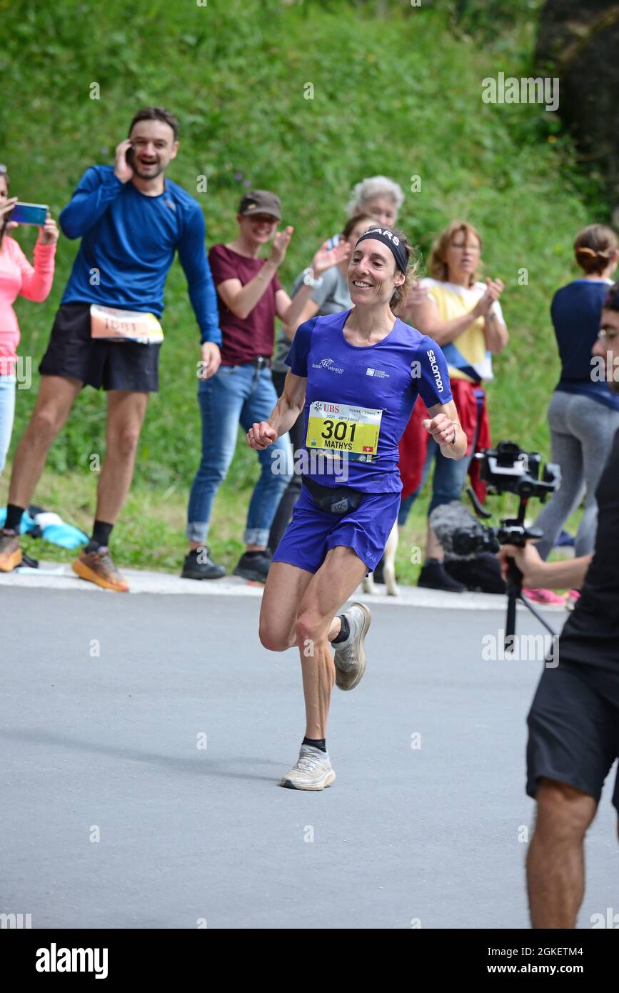 Zinal, SWITZERLAND - AUGUST 7: Maude MATHYS, winner of the Sierre-Zinal ...