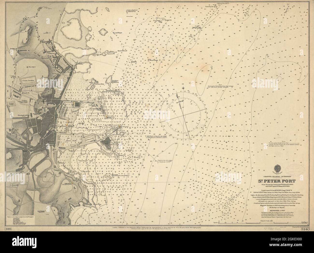 St. Peter Port, Guernsey, Channel Islands. ADMIRALTY sea chart 1900 old ...
