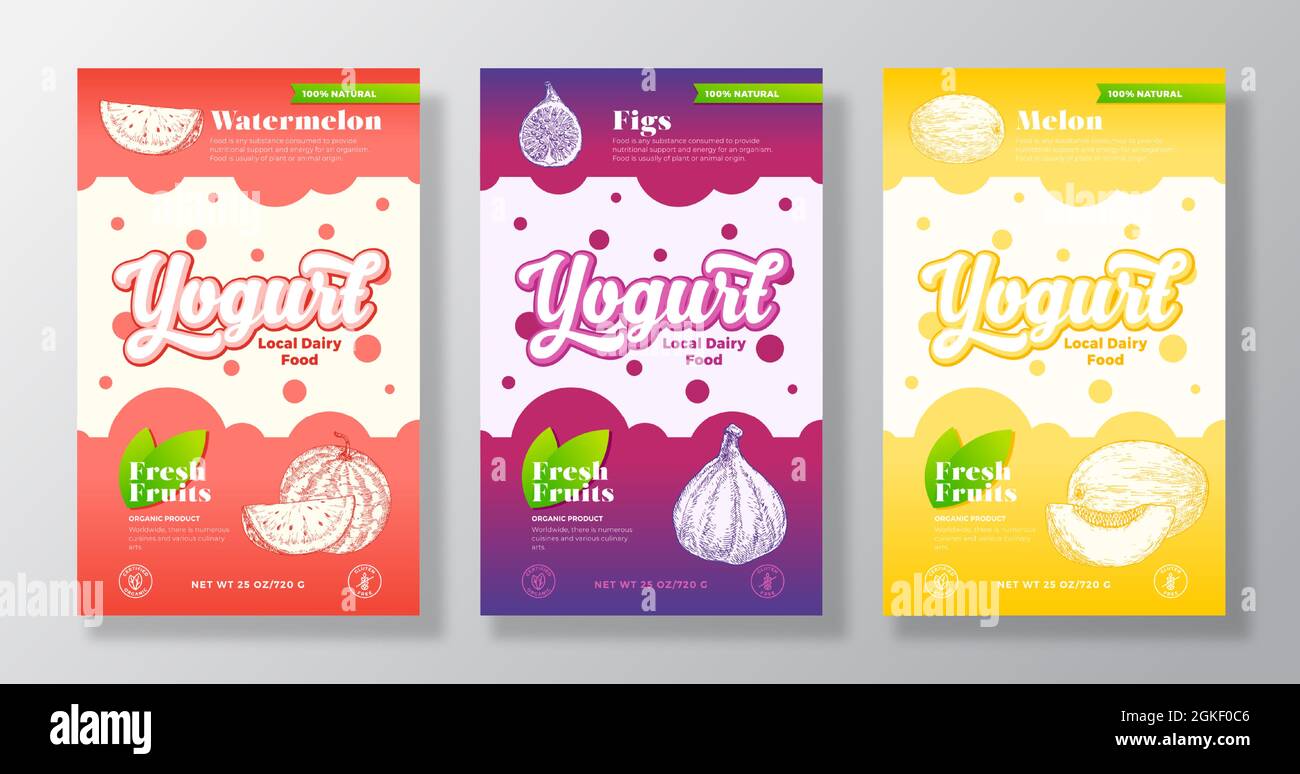 Fruits and Berries Yogurt Label Templates Set. Abstract Vector Dairy ...