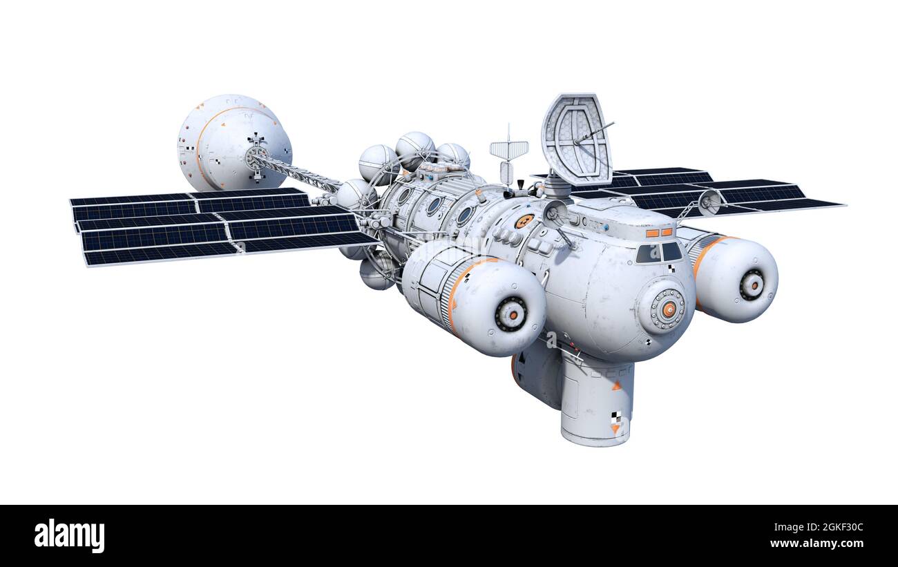 Spaceship with solar panels, alien UFO spacecraft in flight isolated on ...