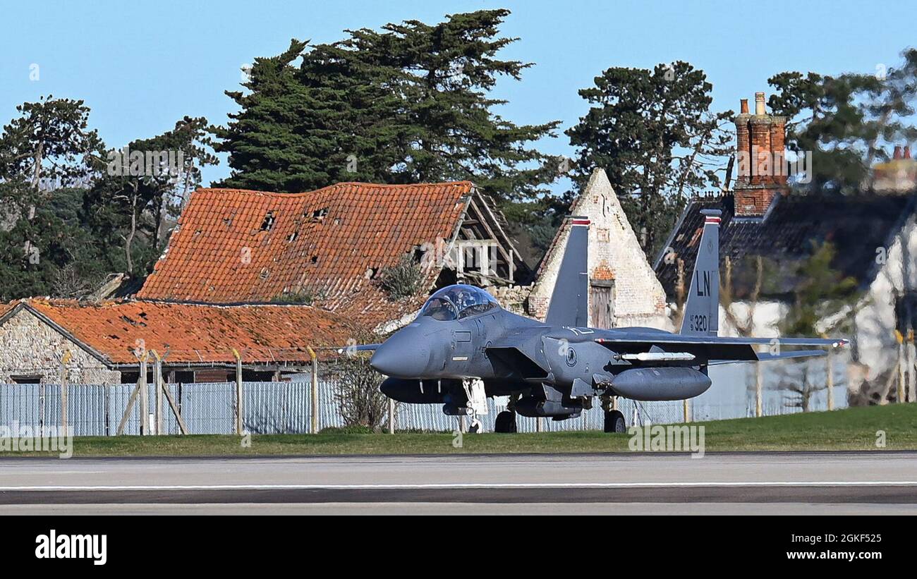 An F-15E Strike Eagle assigned to the 494th Fighter Squadron waits for ...