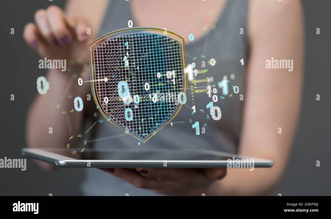3d rendering of a cybersecurity system symbol in a bits scheme on a ...