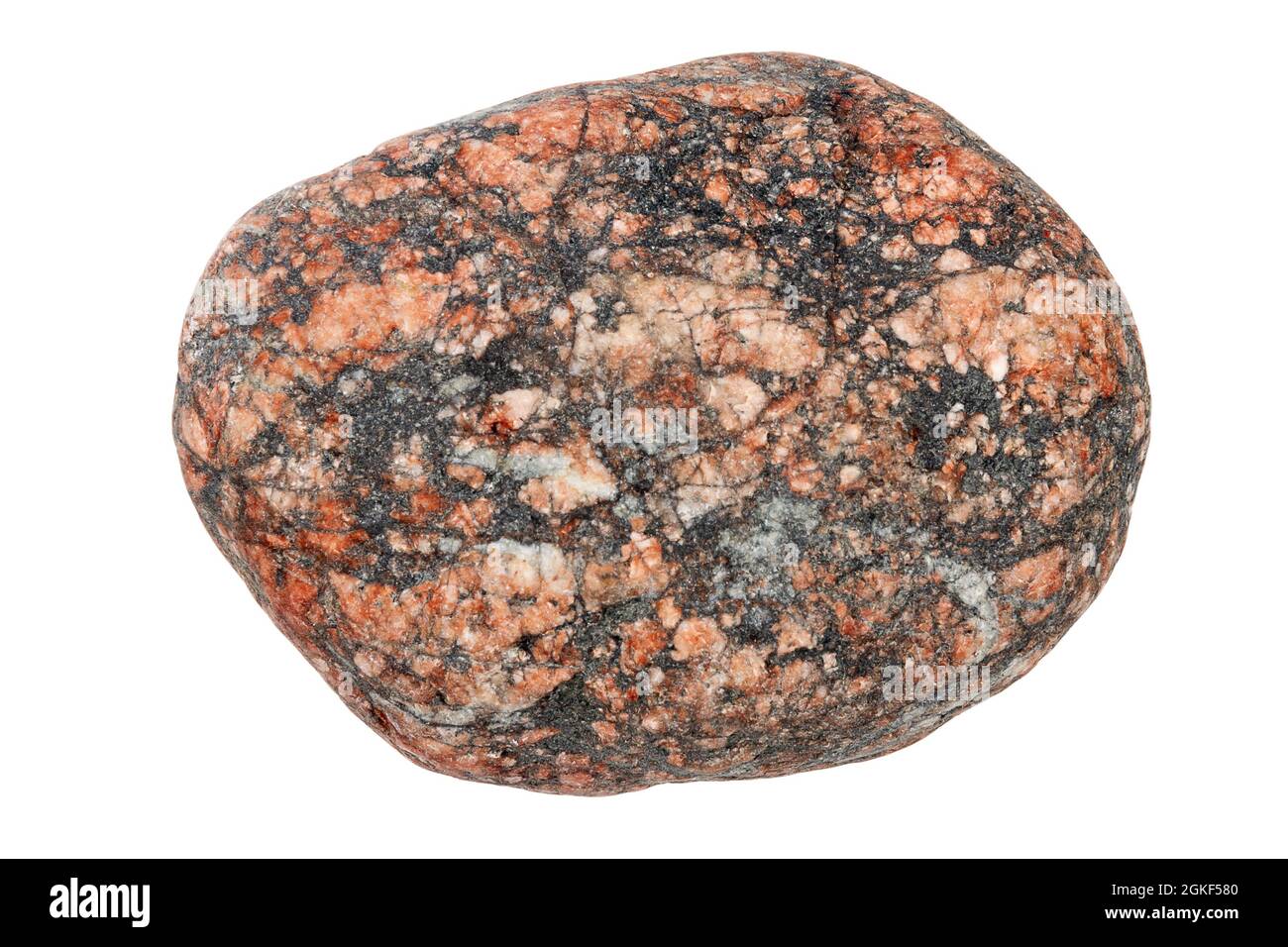 Top view of single black and red pebble isolated on white background ...