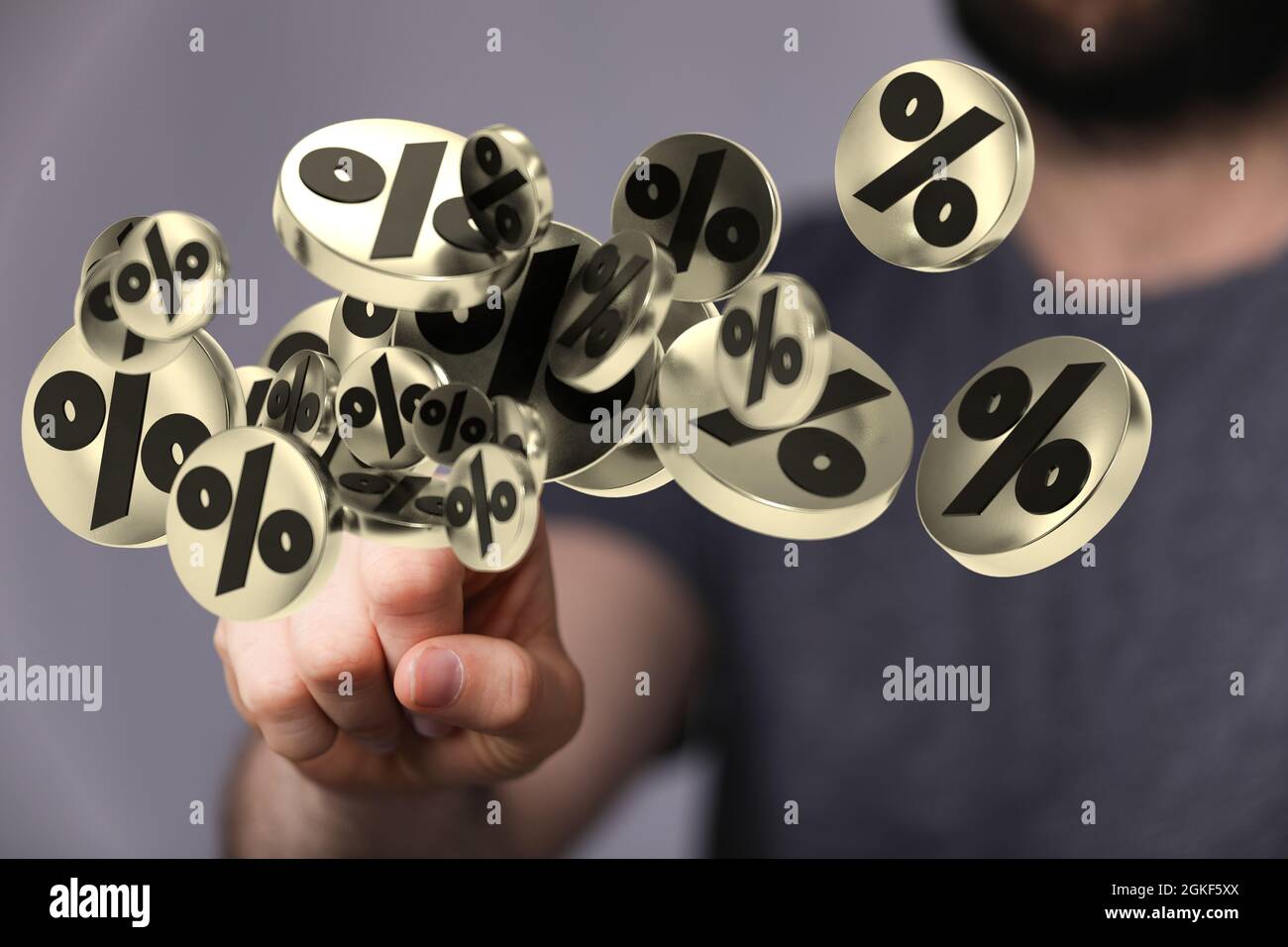 3d rendering of digital percentage symbols on beige circular desks with ...